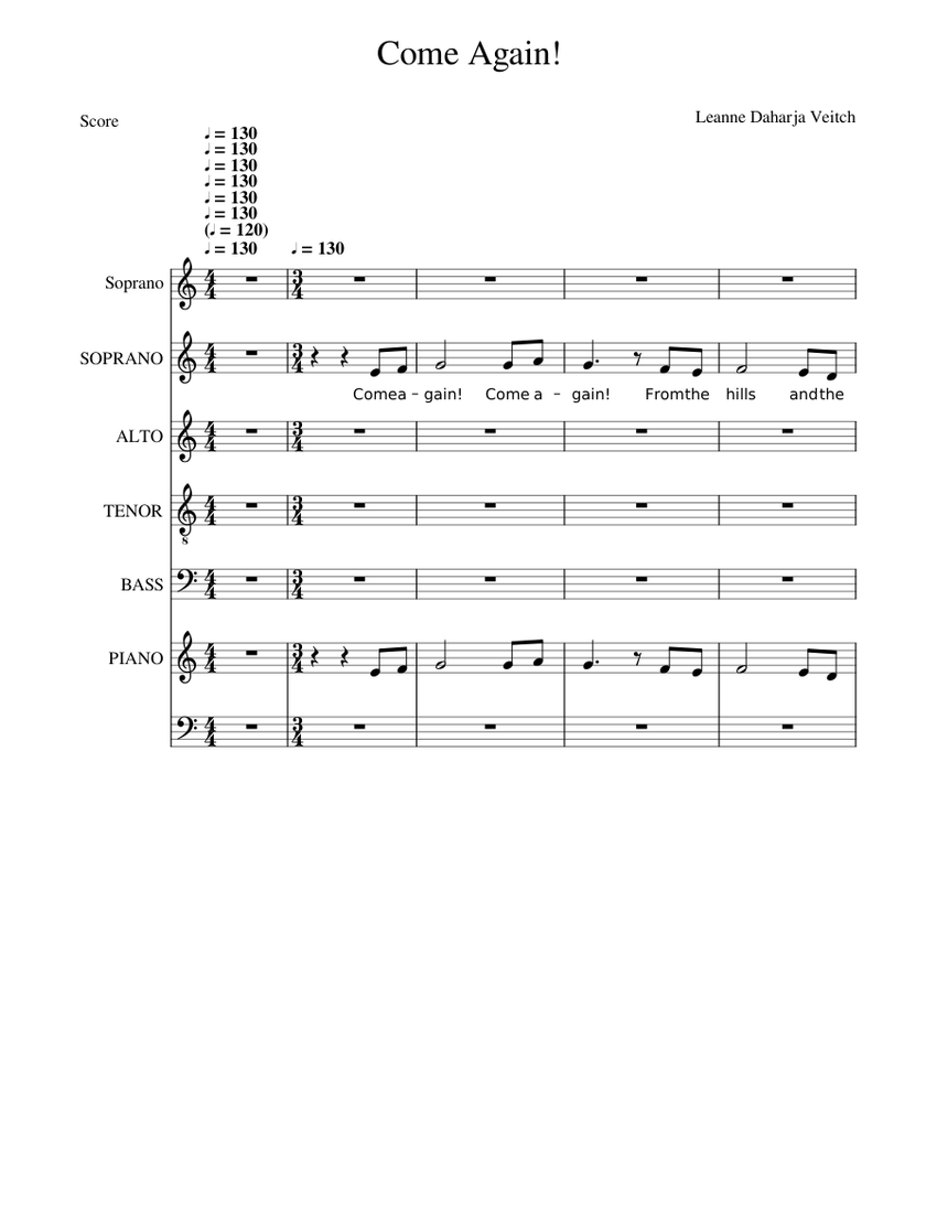 Come Again! Sheet music for Piano, Bass guitar (SATB) | Musescore.com