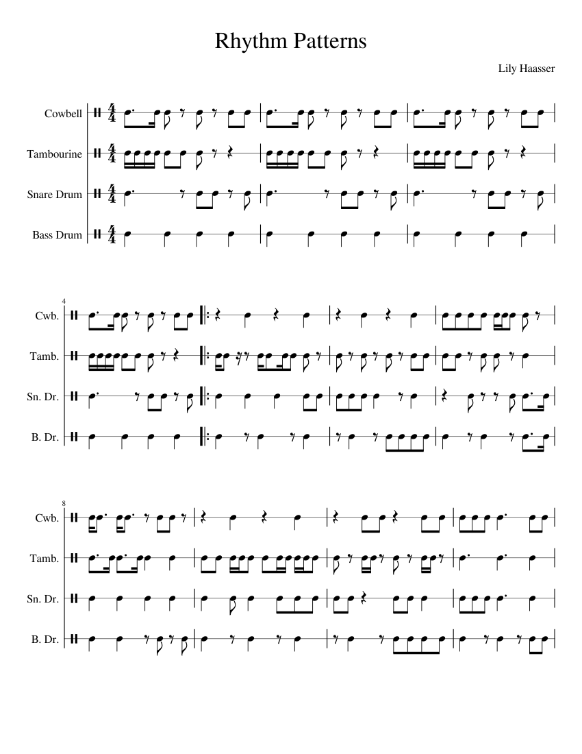Rhythm Patterns Sheet music for Tambourine, Snare drum, Bass drum ...