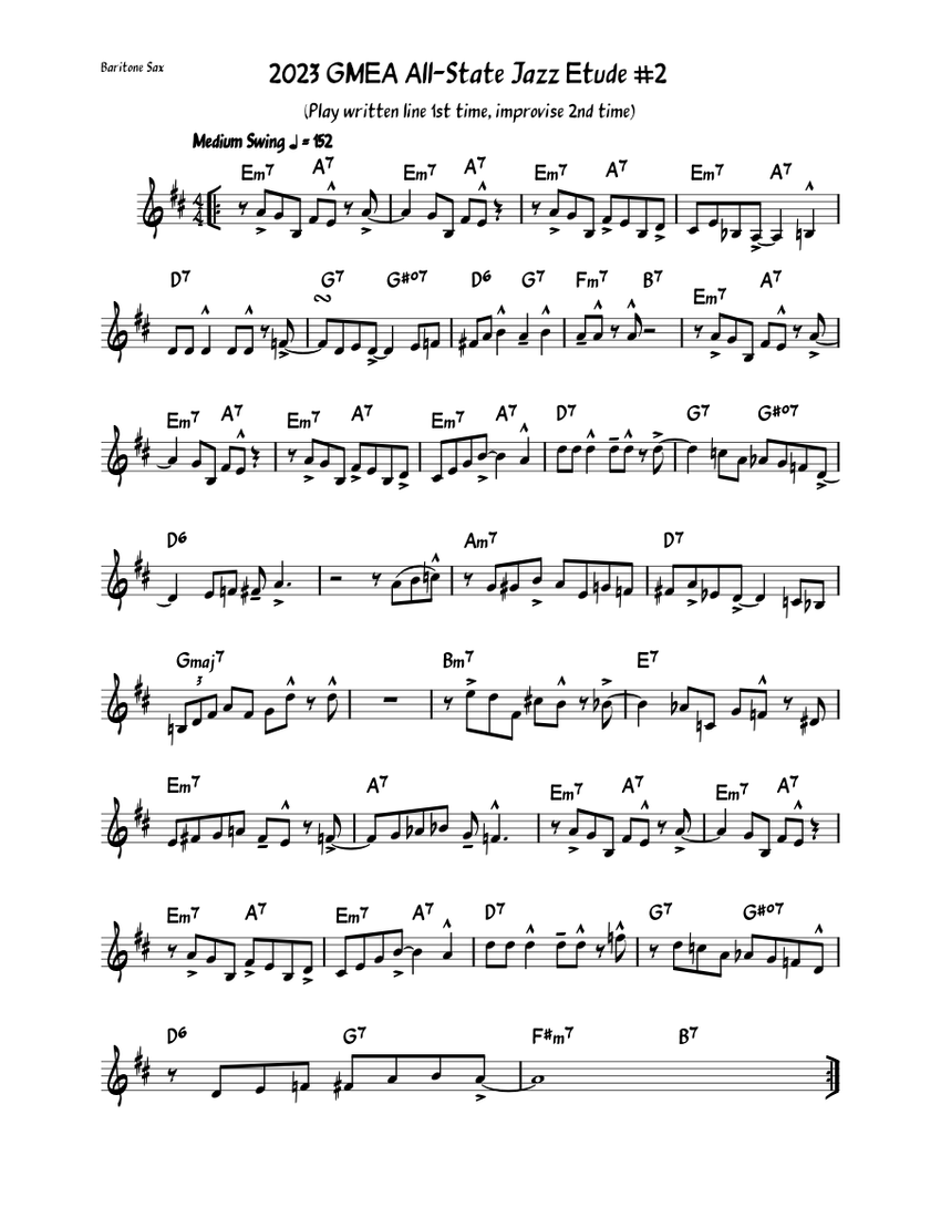 GMEA All State Jazz Etude 2 Sheet Music for Saxophone baritone (Solo ...