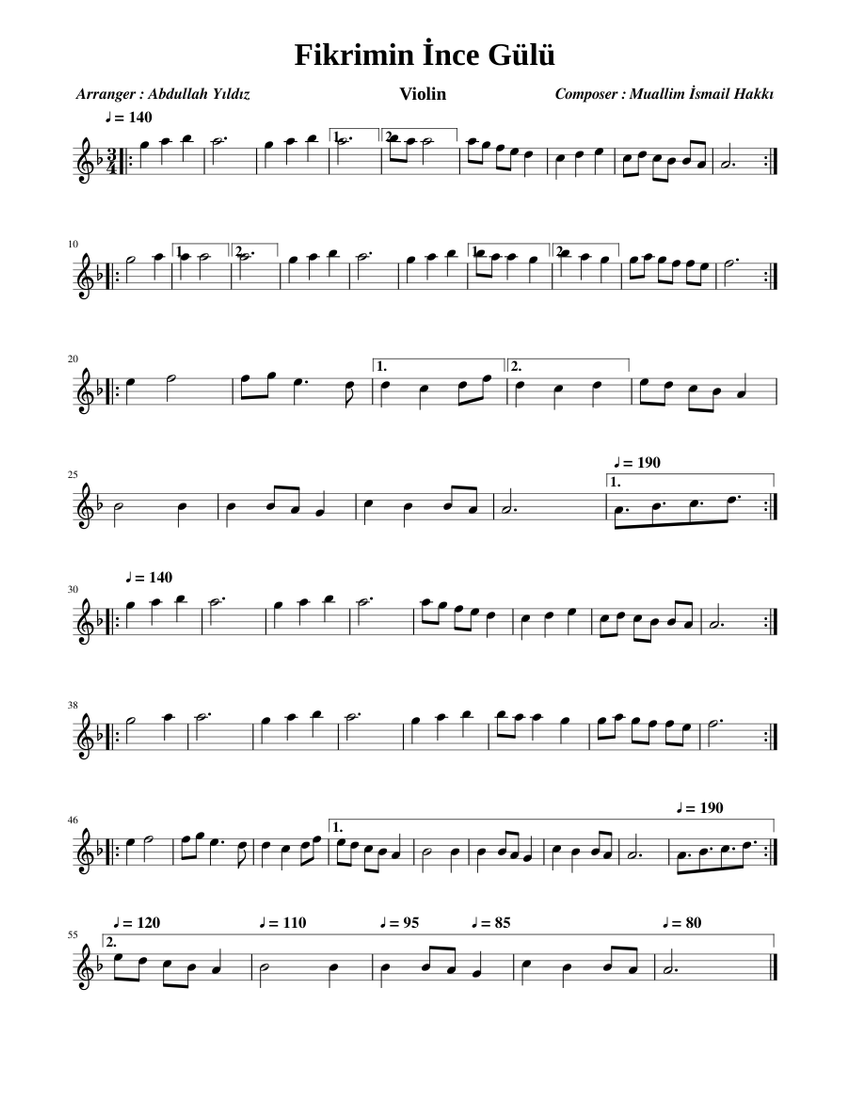 Fikrimin İnce Gülü - Violin Sheet Music for Violin (Solo) | MuseScore.com