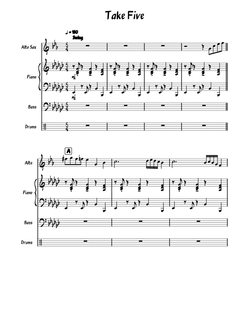 Take Five Sheet Music for Piano, Saxophone alto, Bass guitar, Drum ...