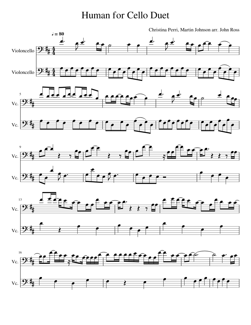 Human for Cello Duet Sheet Music for Cello (String Duet) | MuseScore.com