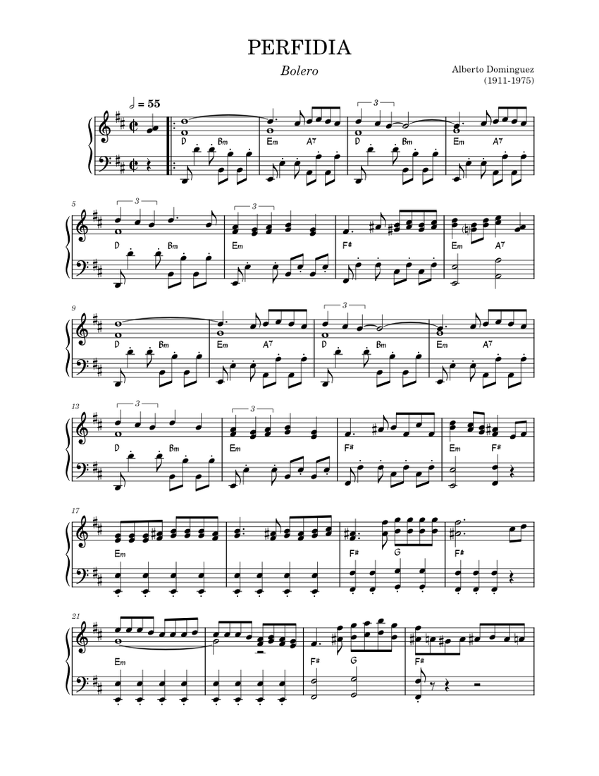 Perfidia – Alberto Domínguez Sheet Music with Chords for Accordion ...