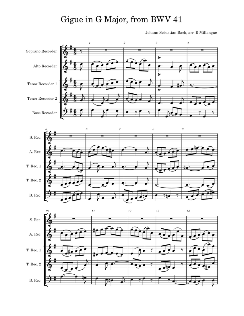 Gigue in G Major, from BWV 41 (Recorders) Sheet music for Recorder ...
