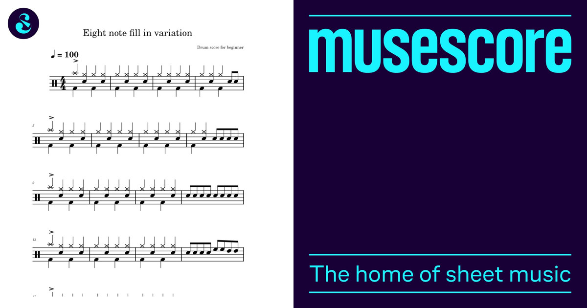 Eight note fill in variation bpm100 Sheet music for Drum group (Solo ...