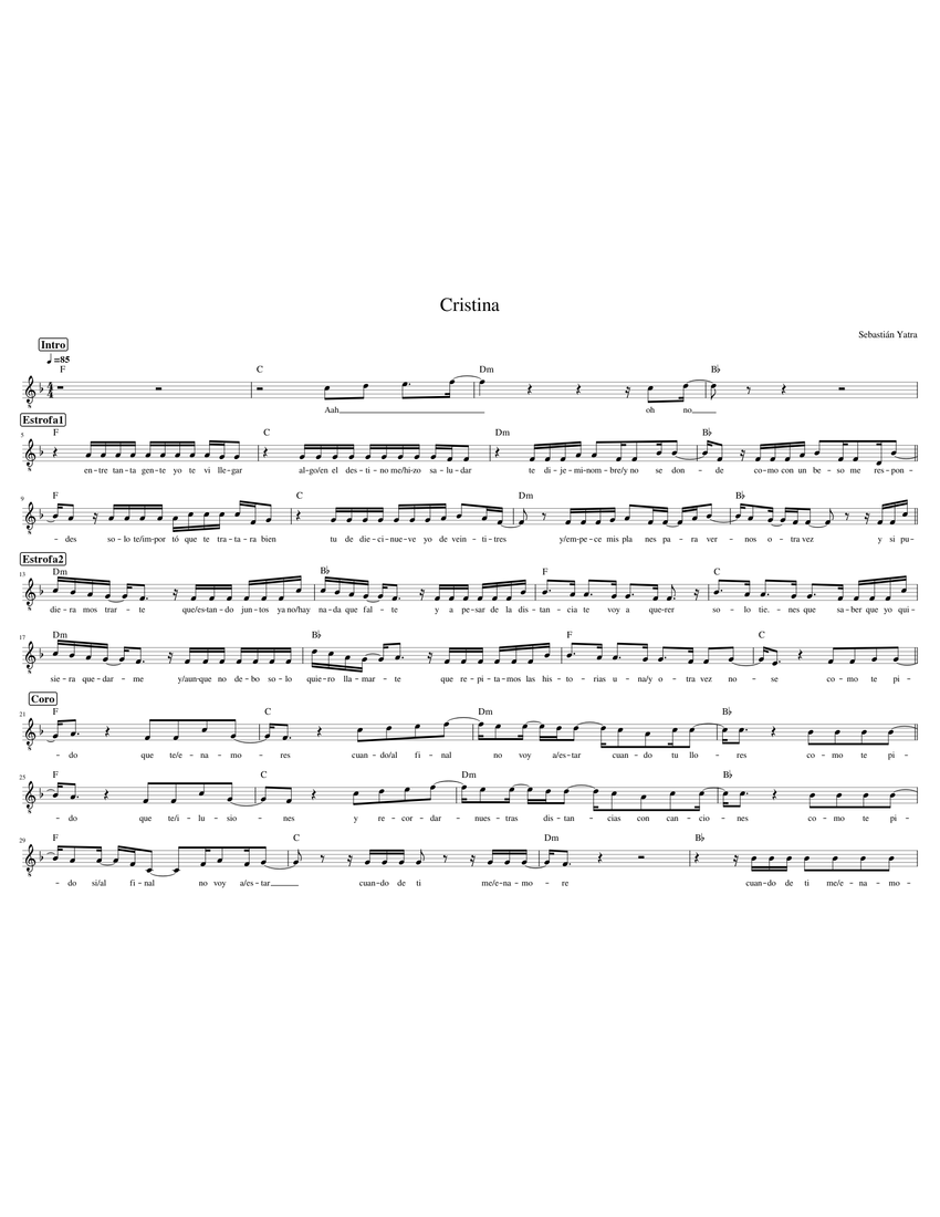 Cristina – Sebastián Yatra Sheet Music with Chords for Piano (Piano ...
