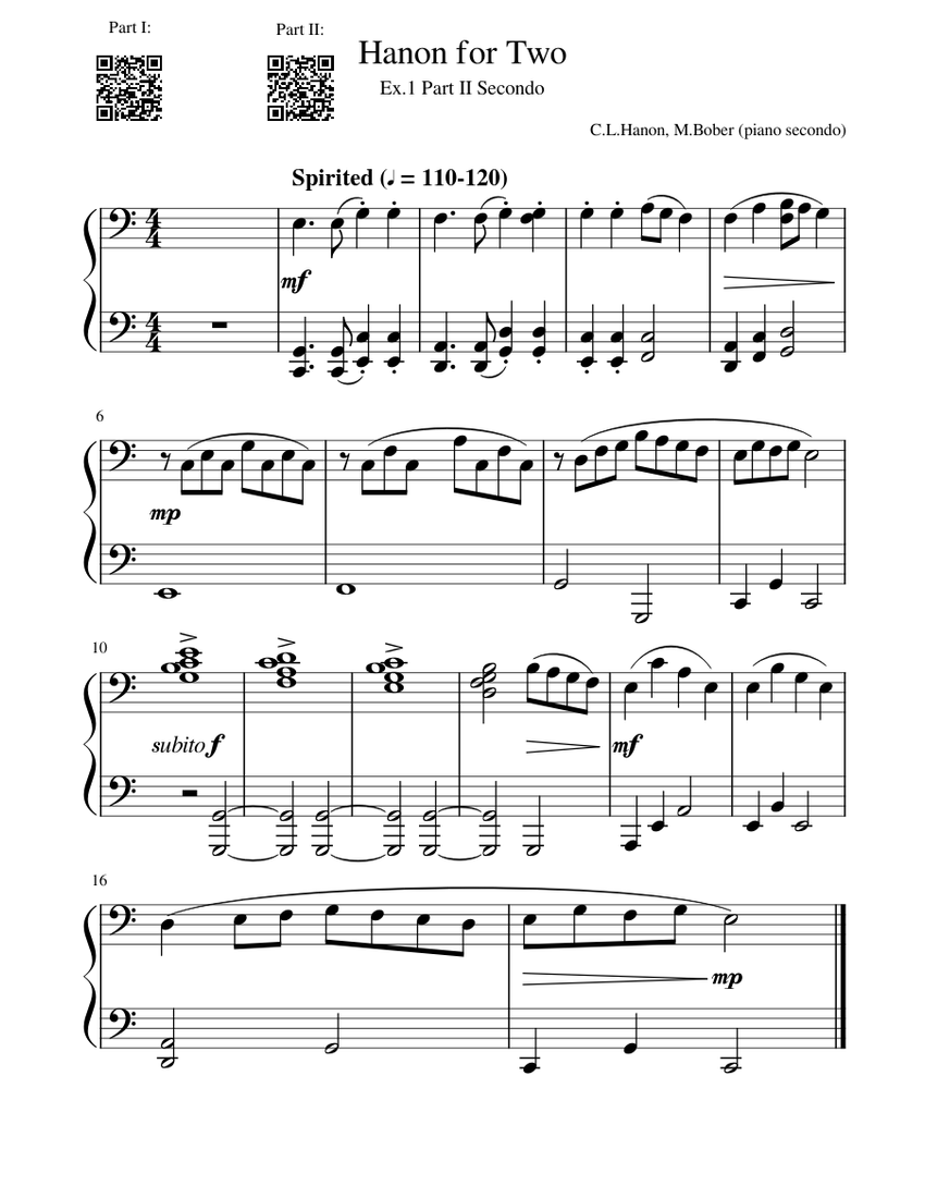 Hanon for Two ex.1 Secondo Sheet Music for Piano (Piano Four Hand) Easy ...