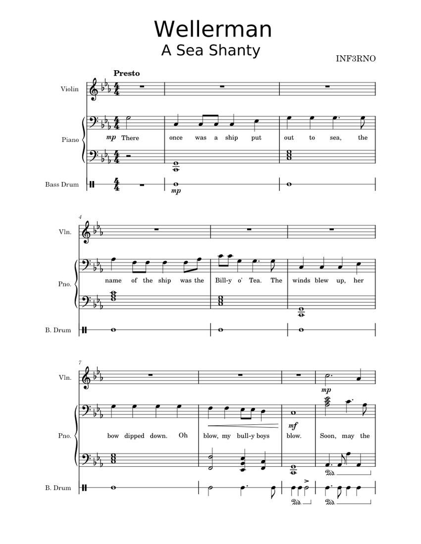 Wellerman (Sea Shanty) Sheet Music for Piano, Violin, Bass drum (Mixed ...