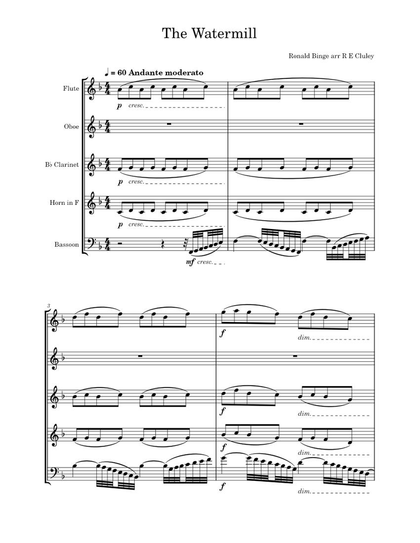 The_Watermill - Ronald Binge Sheet Music for Flute, Oboe, Clarinet in b ...