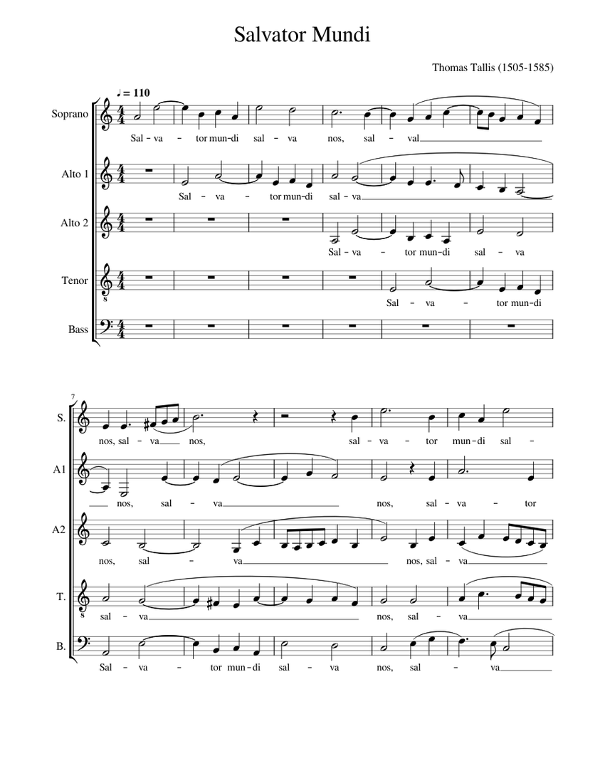 Salvator Mundi - Thomas Tallis Sheet Music for Soprano, Alto, Tenor, Bass voice (Choral ...