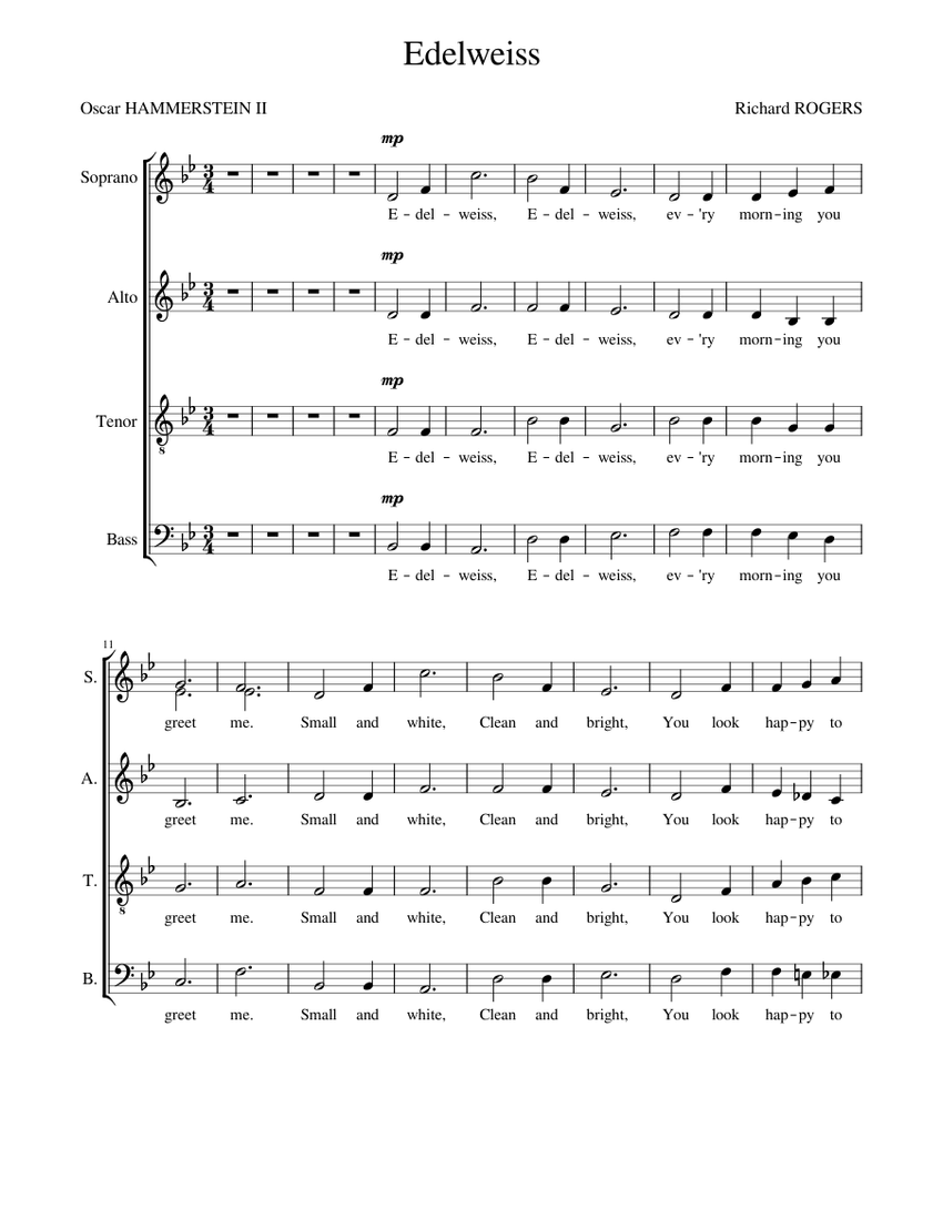 Edelweiss SATB ch'd M3'd) Sheet Music for Soprano, Alto, Tenor, Bass ...