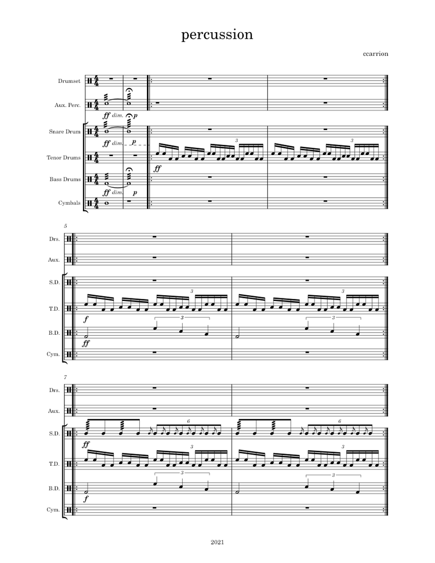 percussion piece Sheet music for Snare drum, Crash, Drum group, Tenor ...