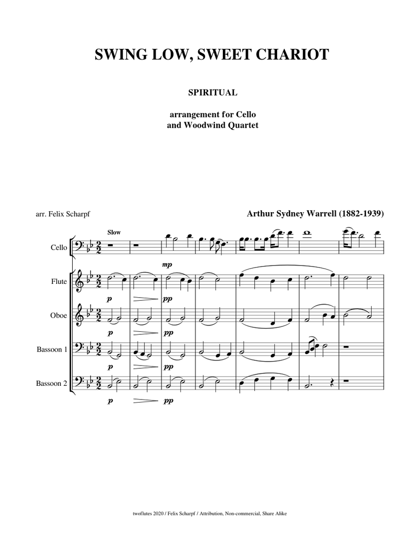 Swing Low, Sweet Chariot - arr. for Cello and Woodwind Quartet - piano tutorial