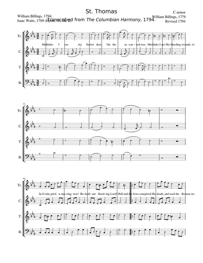 St. Thomas - William Billings Sheet music for Tenor, Bass voice, Vocals ...