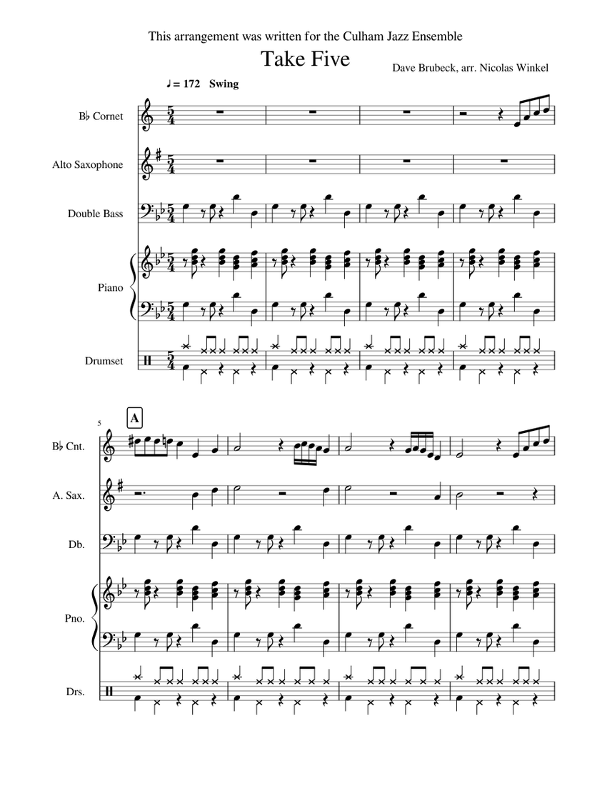 Take Five Sheet music for Piano, Cornet, Saxophone alto, Contrabass ...