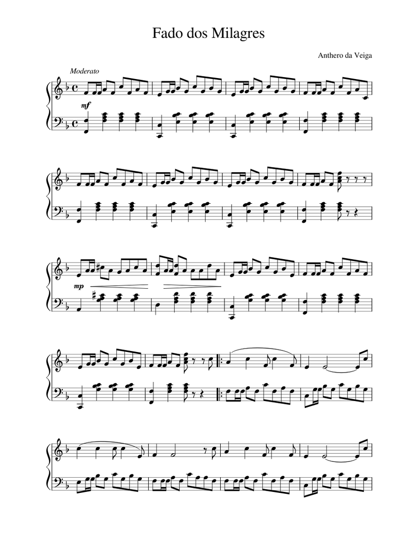Fado dos Milagres – Antero Alte da Veiga Sheet Music for Piano (Solo ...