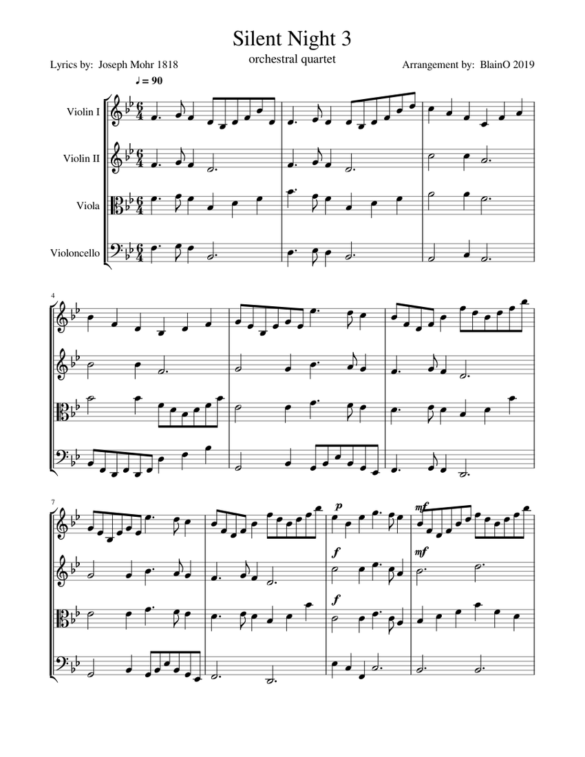 Silent Night 3 Sheet music for Violin, Viola, Cello (String Quartet ...