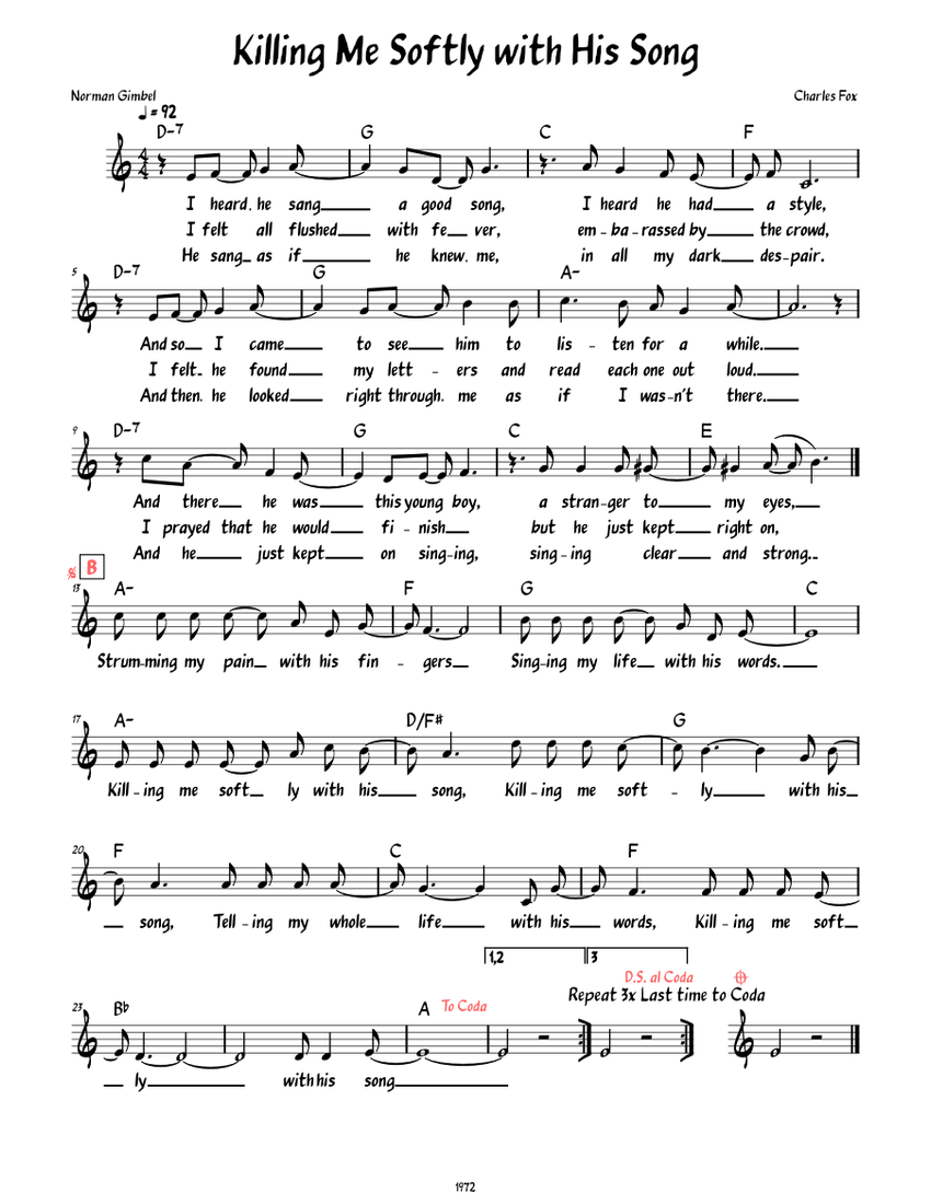 Killing Me Softly With His Song (Lead sheet with lyrics ) Sheet music ...