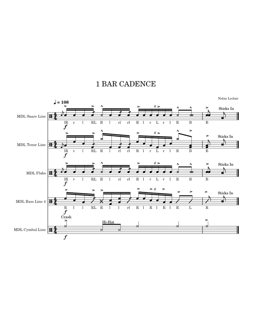 1 BAR CADENCE Sheet music for Snare drum, Crash, Tenor drum, Bass drum ...