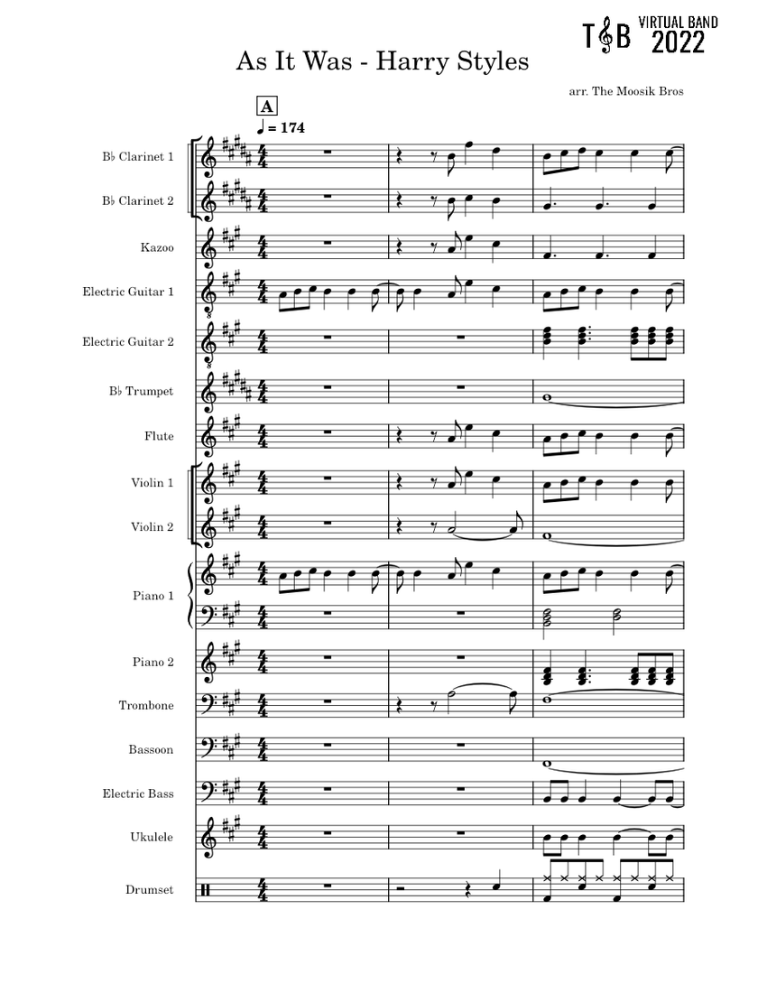 As It Was - Harry Styles (The Moosik Bros' Virtual Band 2022) Sheet ...