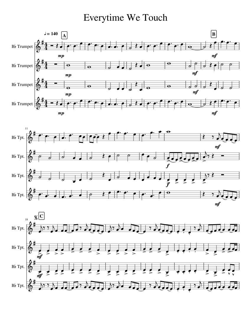 Everytime We Touch Sheet music for Trumpet in b-flat (Mixed Quartet ...