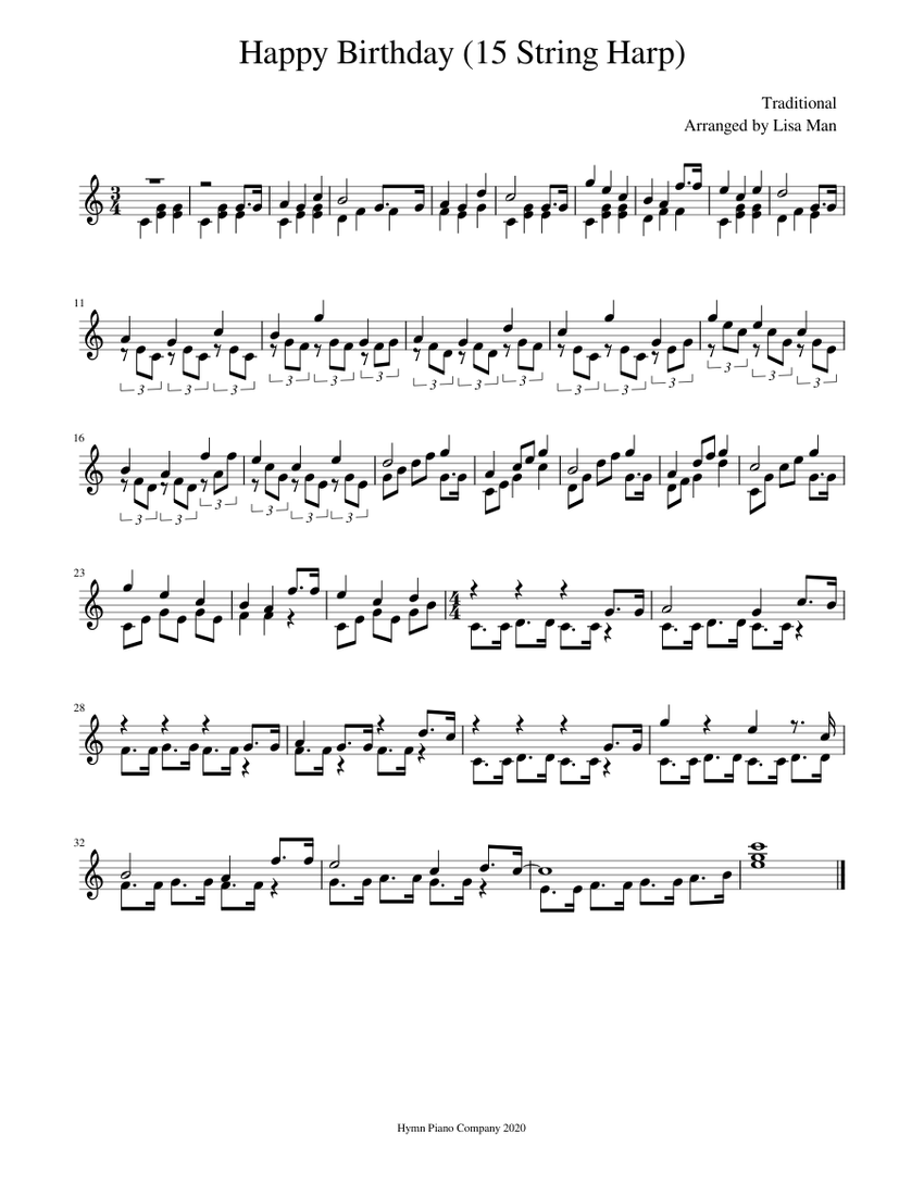 Happy Birthday (15 Strings Harp) Sheet Music for Piano (Solo) Easy ...