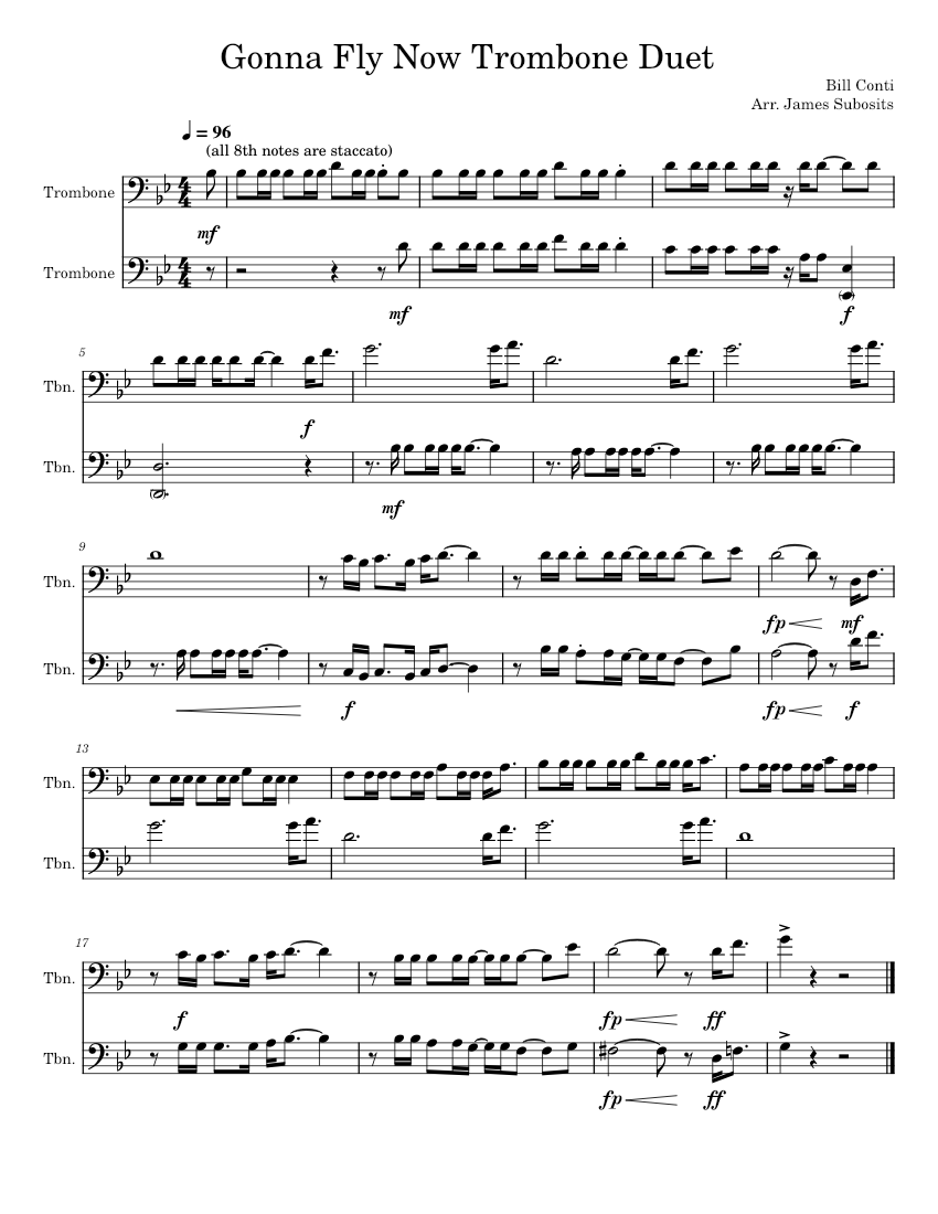 Gonna Fly Now - Trombone Duet Sheet Music for Trombone (Brass Duet ...