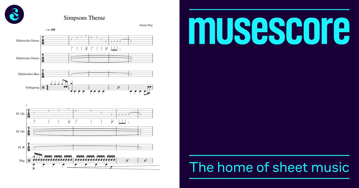 Simpsons Theme Sheet Music and Tab for Guitar, Bass guitar, Drum group ...