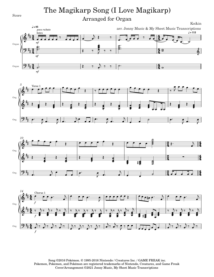 The Magikarp Song (Pokémon) Organ Cover Sheet music for Organ (Solo ...
