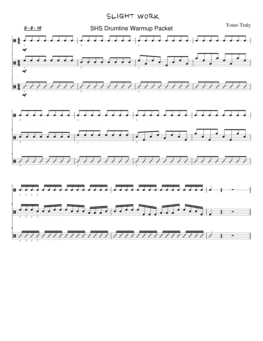 SLIGHT WORK Sheet music for Snare drum, Tenor drum, Bass drum ...