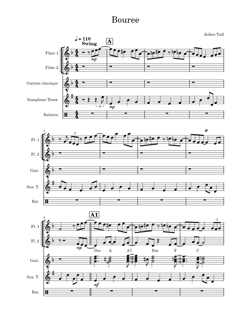 Bouree Augustin Sheet music for Flute, Saxophone tenor, Guitar, Drum ...