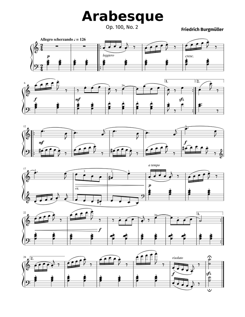 Burgmüller: Arabesque - Op. 100, No. 2 Sheet music for Piano (Solo ...