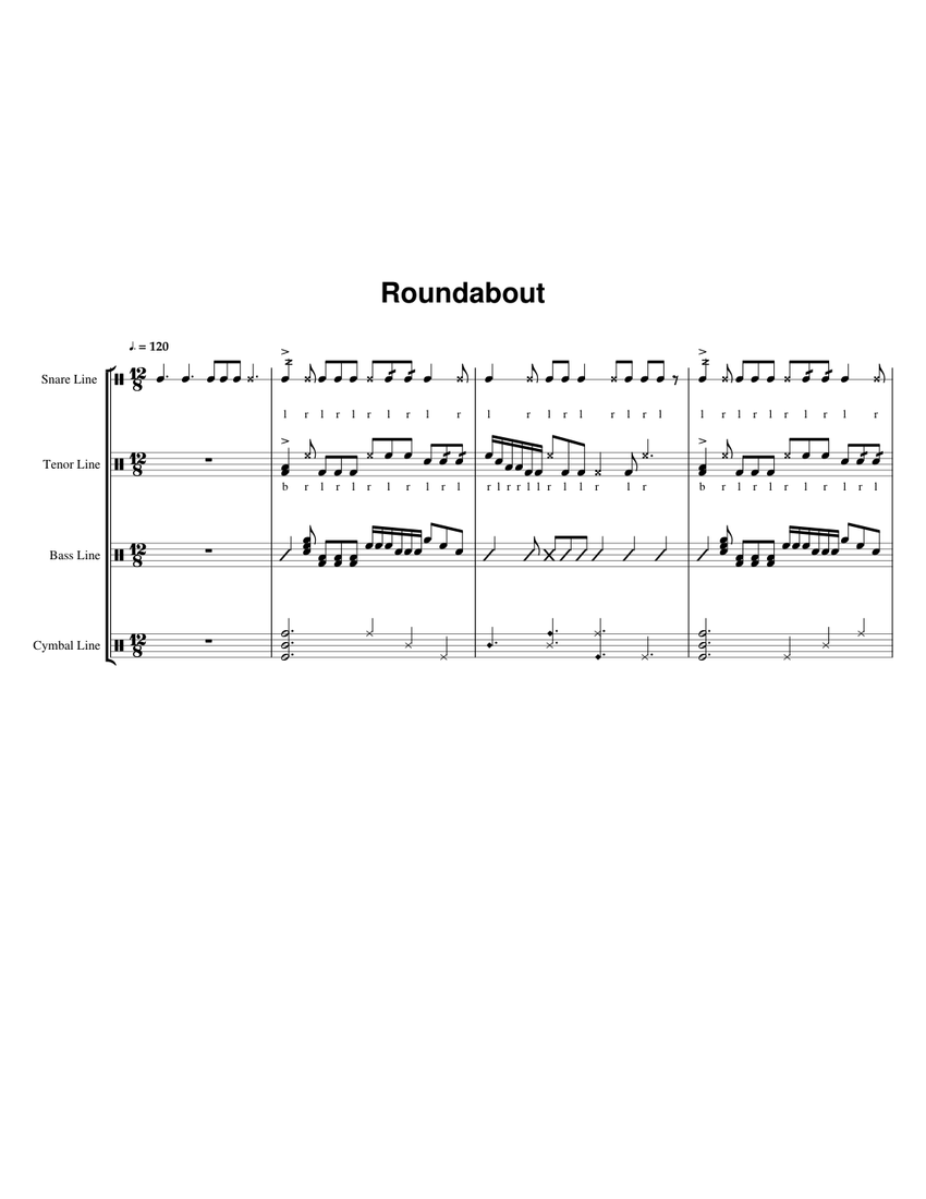 Roundabout Sheet music for Snare drum, Crash, Tenor drum, Bass drum ...