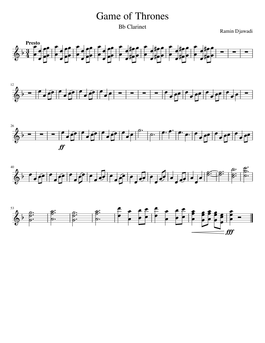 Game of Thrones Bb Clarinet Sheet Music for Clarinet in b-flat (Solo ...