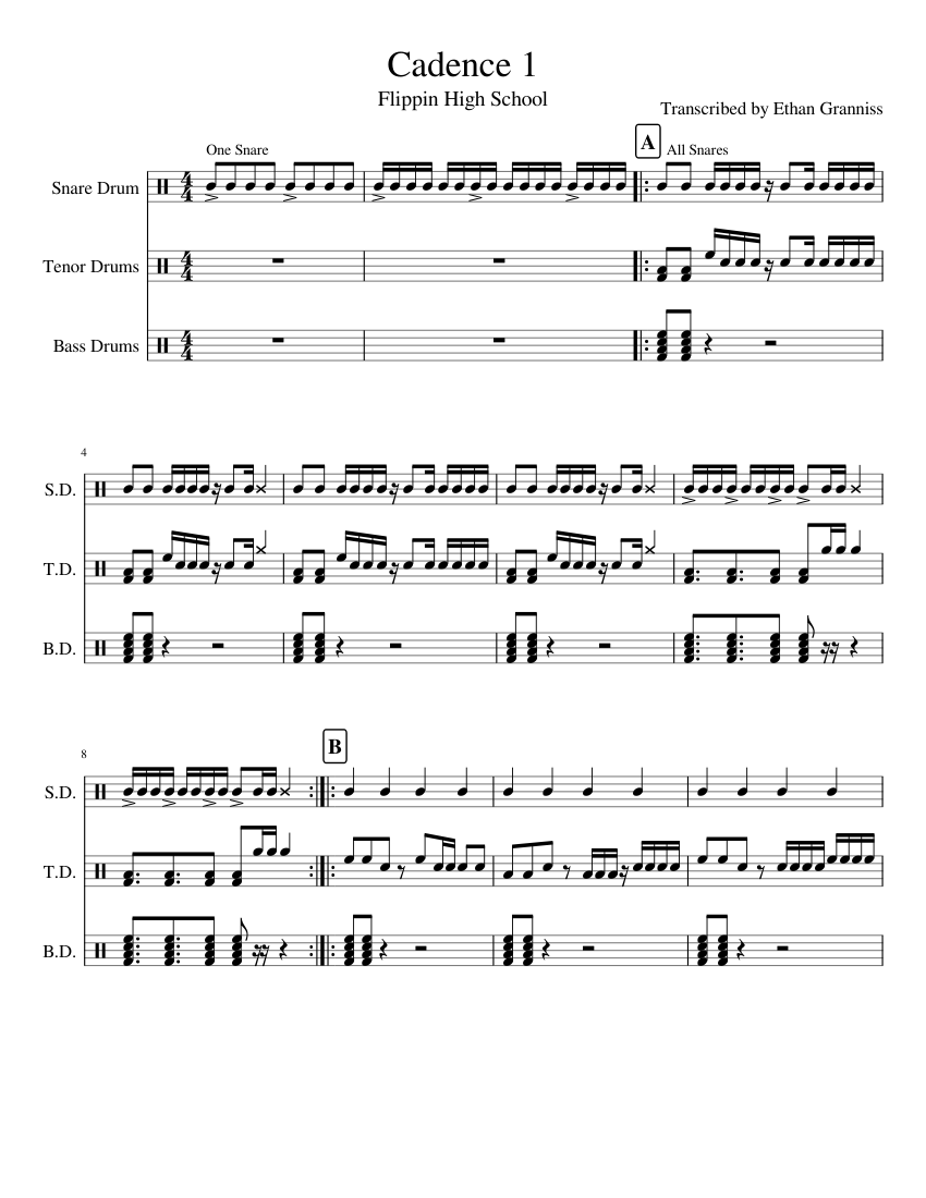 Cadence 1 Sheet music for Snare drum, Tenor drum, Bass drum (Marching ...