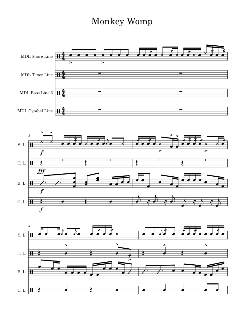 Monkey Womp (Revised Baseline) Sheet music for Snare drum, Crash, Tenor ...