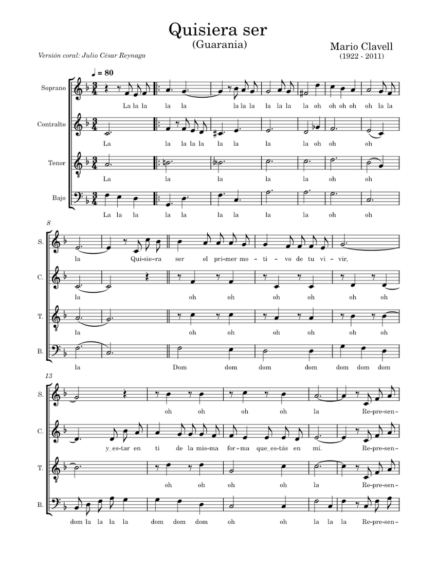 Quisiera Ser Sheet Music for Soprano, Alto, Tenor, Baritone (Choral ...