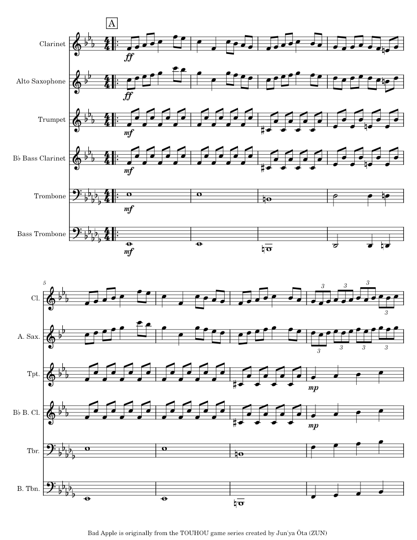 Bad Apple Sextet Sheet music for Trombone, Trombone bass, Clarinet bass ...