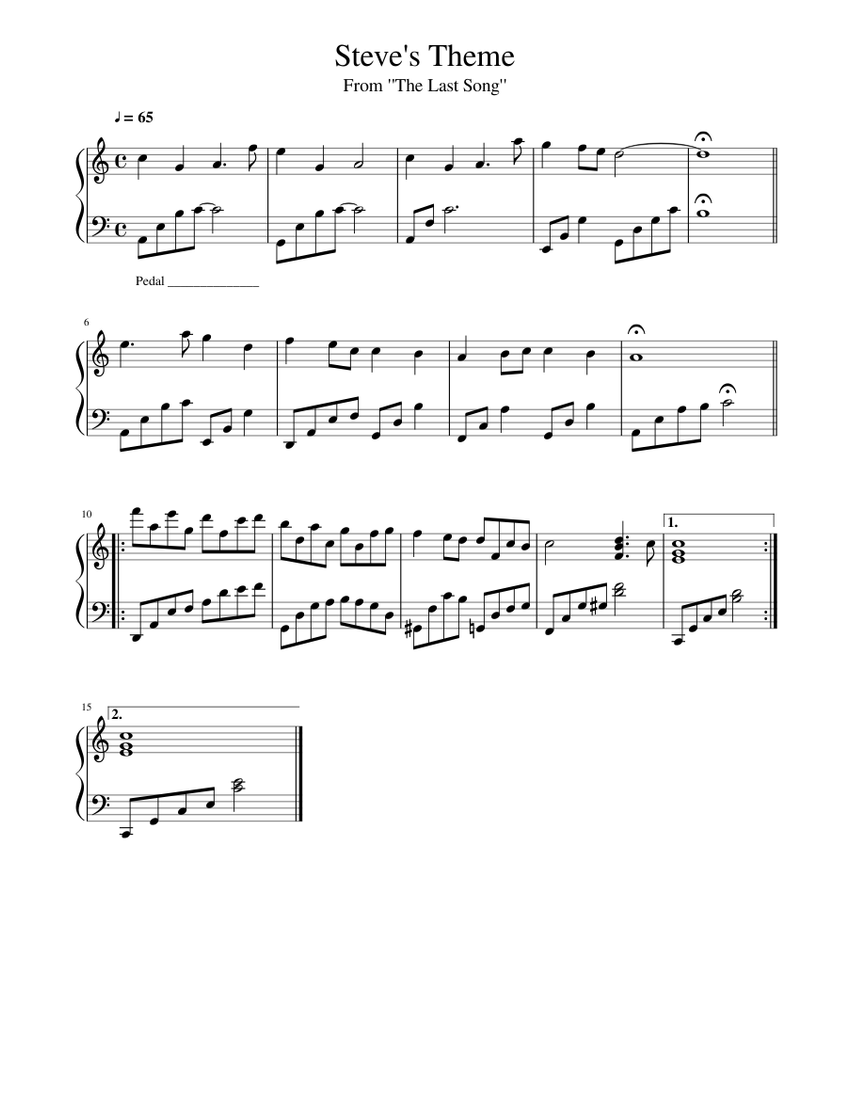 Steves Theme The Last Song Sheet Music for Piano (Solo) Easy ...