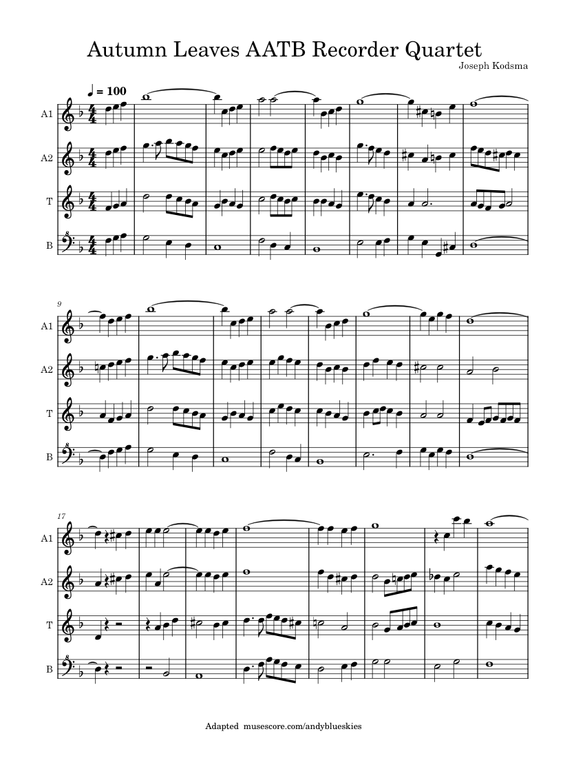 Autumn Leaves AATB Recorder Quartet – Joseph Kosma Sheet Music for ...