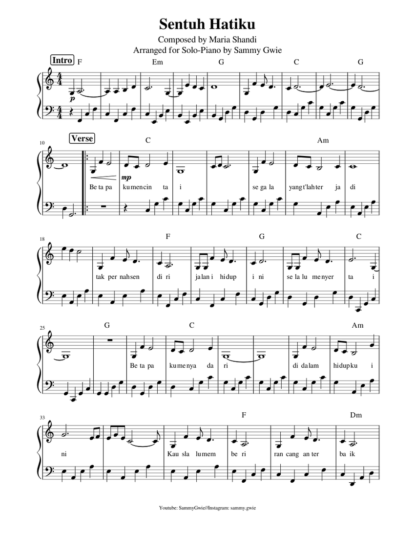 Sentuh Hatiku Sheet Music with Chords for Piano (Solo) easy | MuseScore.com