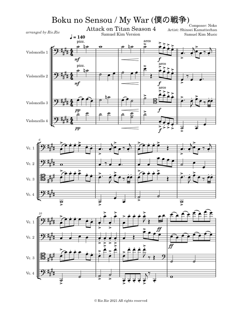 Boku No Sensou / My War (僕の戦争) - Attack on Titan Season 4 Sheet Music ...