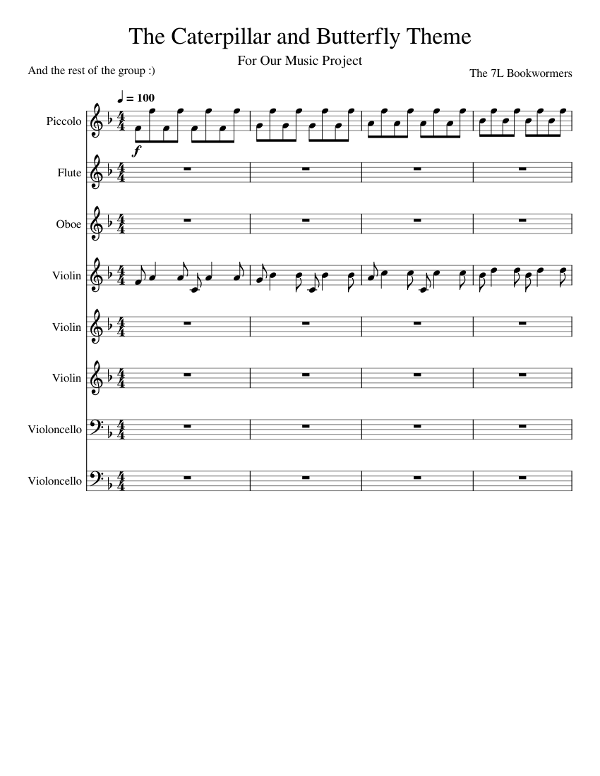 The Caterpillar and Butterfly Theme Sheet music for Flute piccolo ...