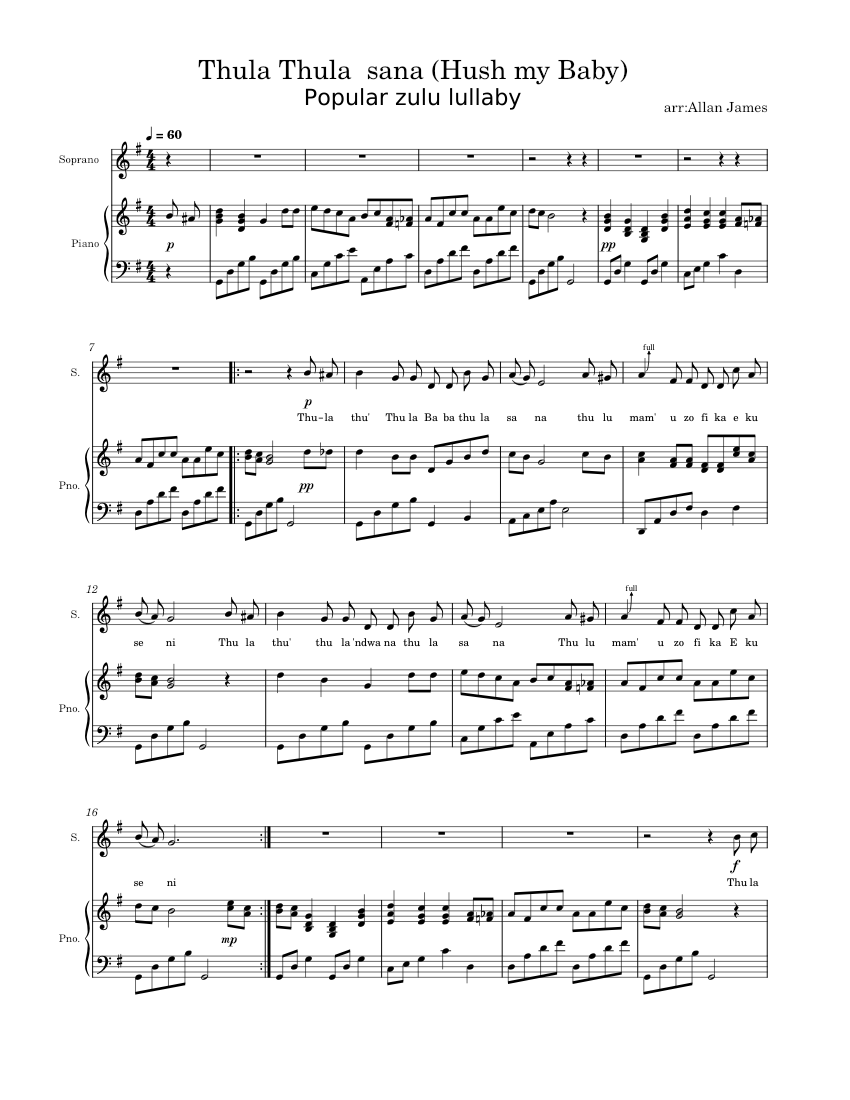 Tula Tula sana for Recorder South African Lullaby Arranged by Allan ...