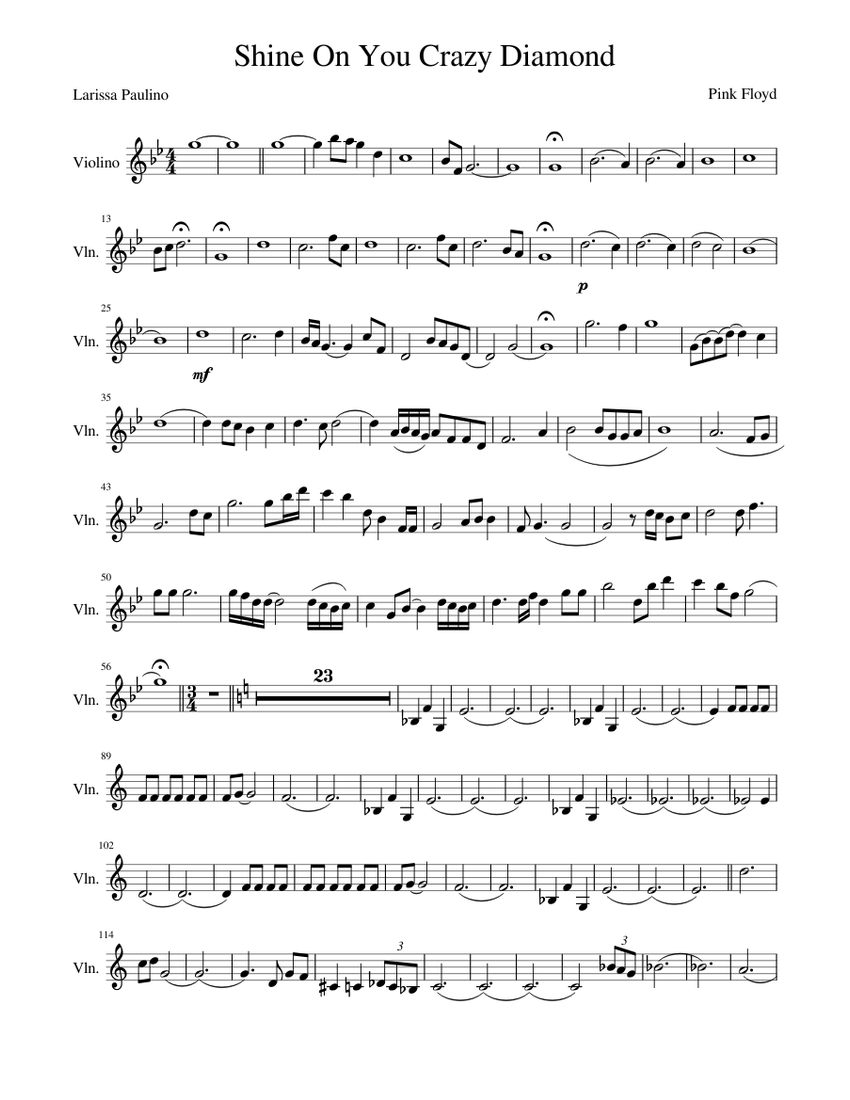 Shine On You Crazy Diamond Sheet Music for Organ, Violin, Guitar (Mixed ...