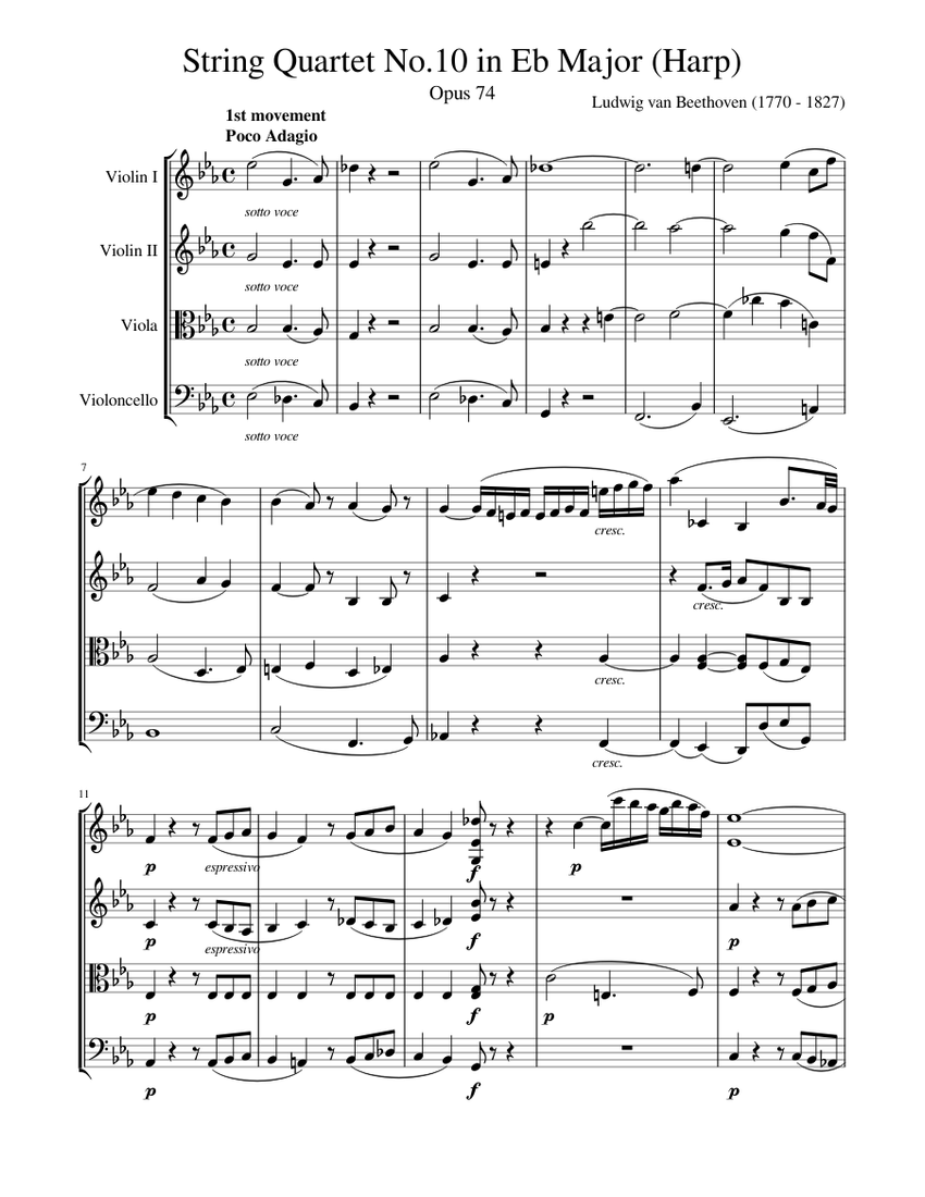 String Quartet No. 10 in Eb major (Harp), Opus 74 Sheet Music for ...