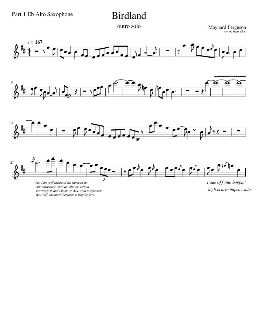 Birdland Maynard Ferguson Outro Solo Alto Sax Sheet Music for Saxophone ...