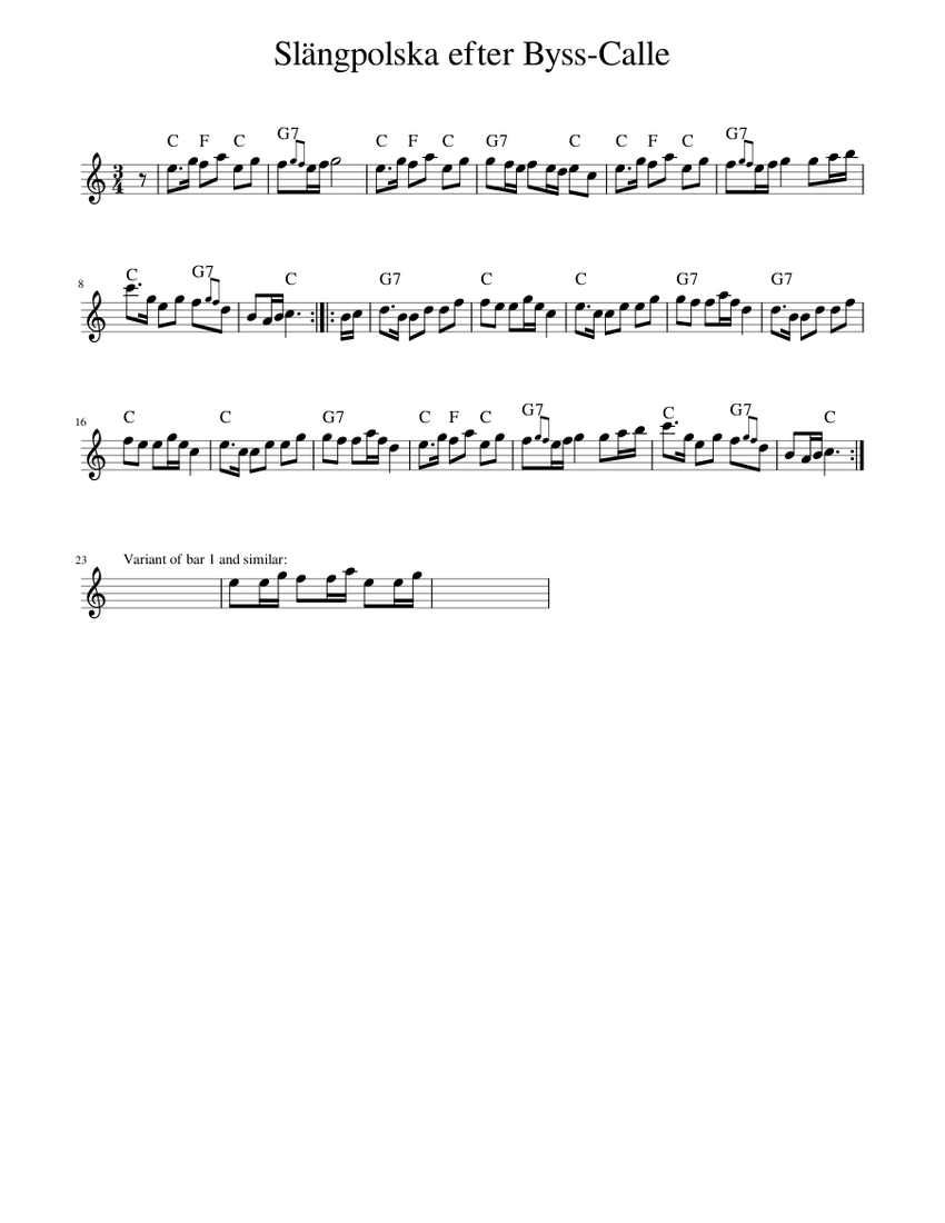 Slängpolska efter Byss-Calle Sheet Music with Chords for Piano (Solo ...