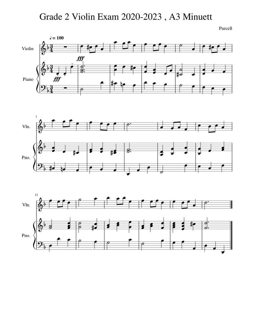 Grade 2 Violin Exam 2020-2023 , A3 Minuett Sheet Music for Piano ...
