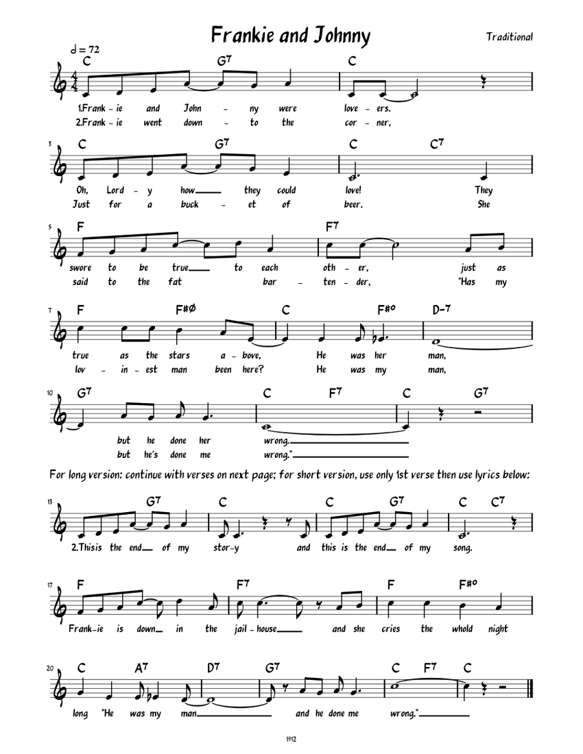 Frankie and Johnny (Lead sheet with lyrics ) - piano tutorial